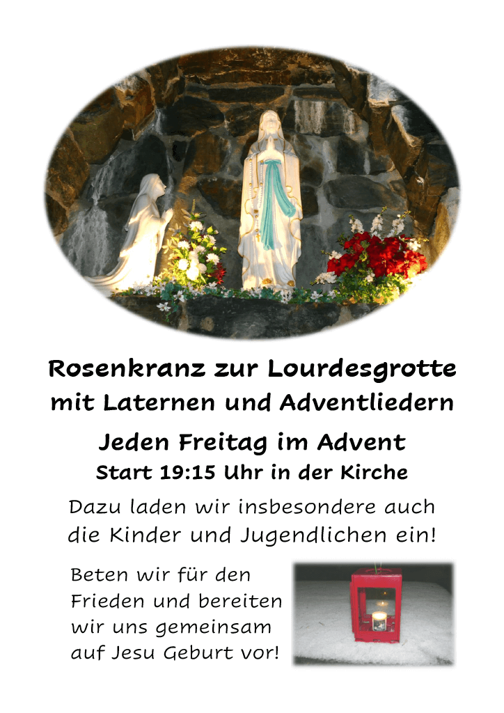 Rosenkranz zur Lourdesgrotte, mit Laternen und Adventliedern – Maria Schutz